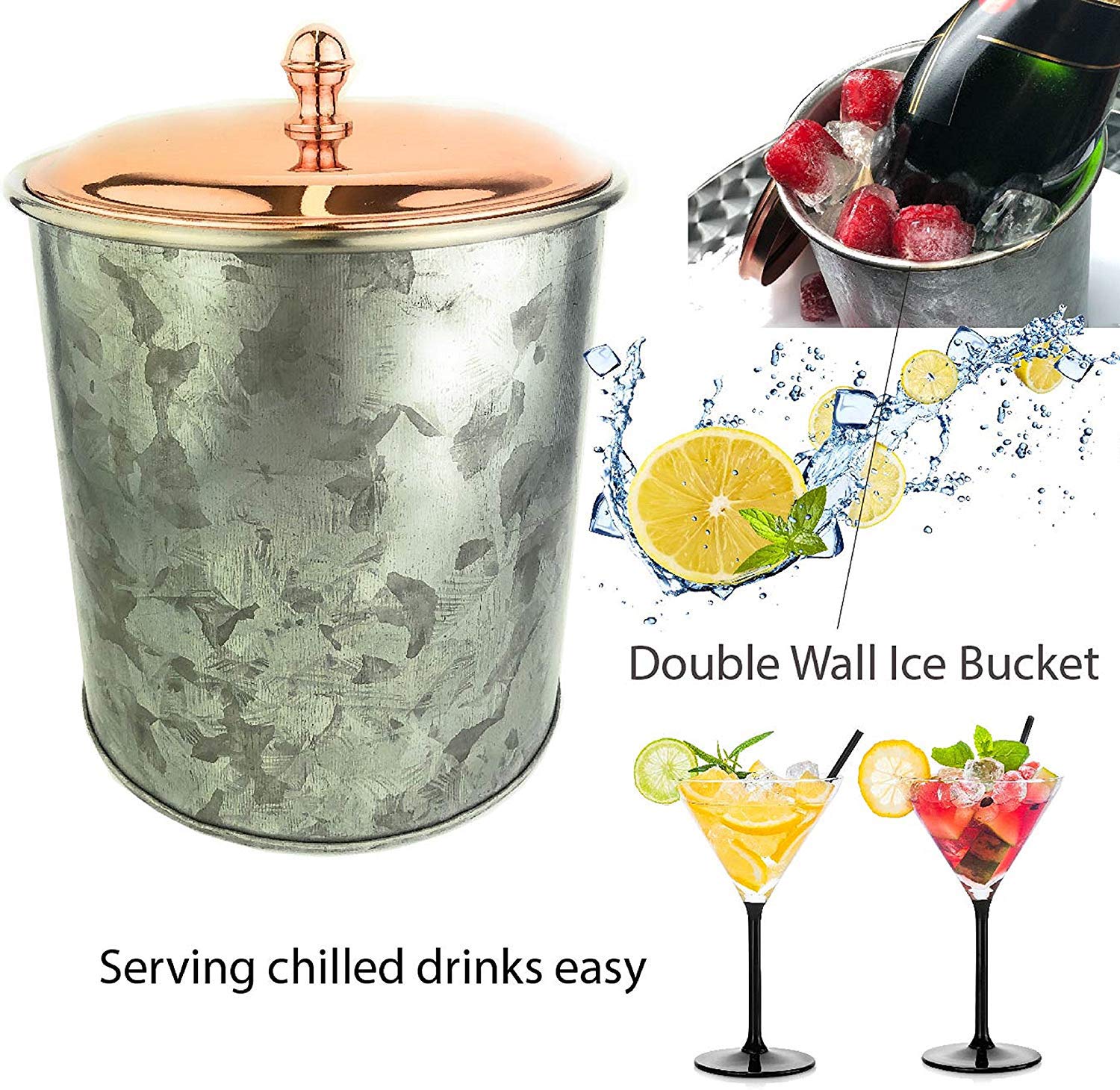 Galrose Galvanized Iron Insulated Ice Bucket β Rose Gold Lid, 2 Liter Stainless Steel Double Wall 5.5" x 6β Rustic Wine Chiller or Champagne Bucket. Unique 6th Iron Anniversary or Birthday Gift