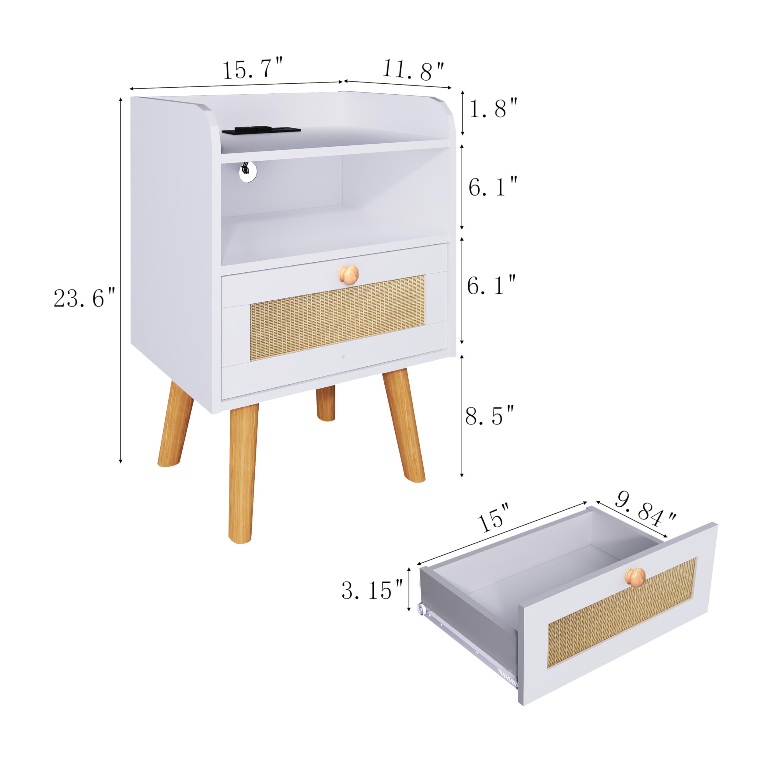 Gyger Nightstand Set of 2,Wood Nightstand with Charging Station,Bed Side Table with Rattan Decor Drawer,Small Night Table with Storage for Bedroom,White