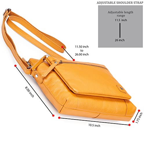 Wise Owl Accessories Small Soft Pebbled Real Leather Crossbody Handbags & Purses - Triple Zip Premium Sling Crossover Shoulder Bag for Women (Mustard Nappa)