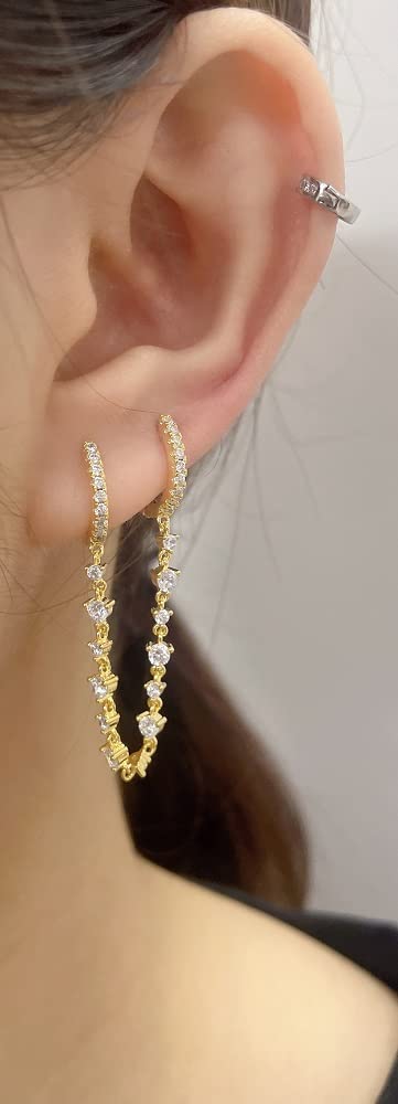Dainty CZ Double Piercings Two Holes Small Hoop Cuff Cartilage Hypoallergenic Earrings for Women 925 Sterling Silver Post Cubic Zirconia Chain Threader Dangle Drop Crystal Climber Crawler Wrap Dainty Huggie Hoops Fashion Piercing Jewelry Gifts 1 Pair (gol