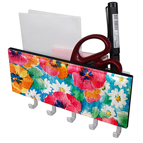Hand Drawn Retro Colorful Flowers Background Mail Holder Organizer and Key Hooks PU Front, Self Adhesive Key Rack with 5 Hooks Perfect for Entryway, Hallway,Bathroom ,Kitchen