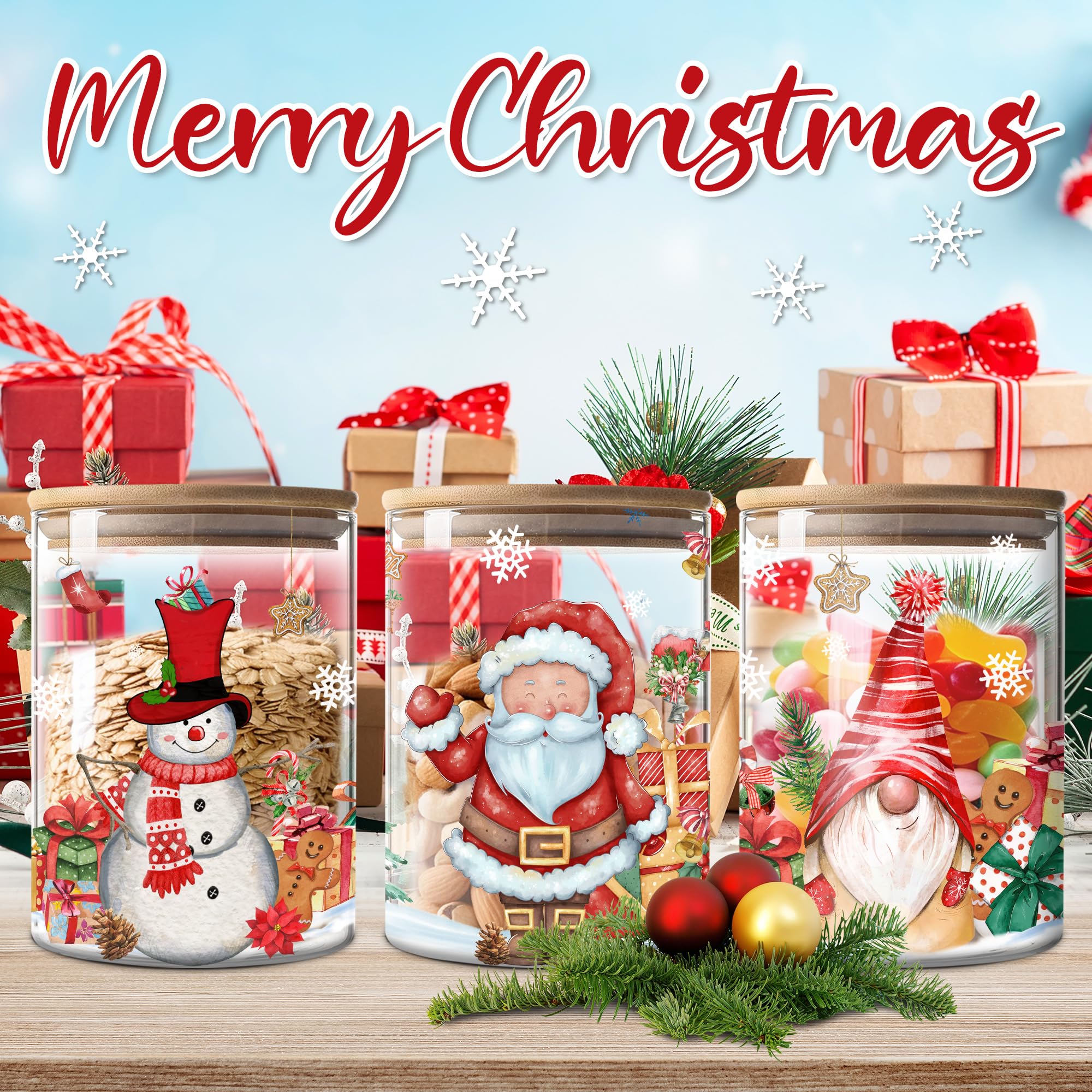 Christmas Decorations 3 Pack Glass Storage Jars-Christmas Gnome Canisters Sets with Airtight Bamboo Lid for Kitchen Countertop Snowman-Christmas Kitchen Decor Clear Glass Storage Jars Santa Claus