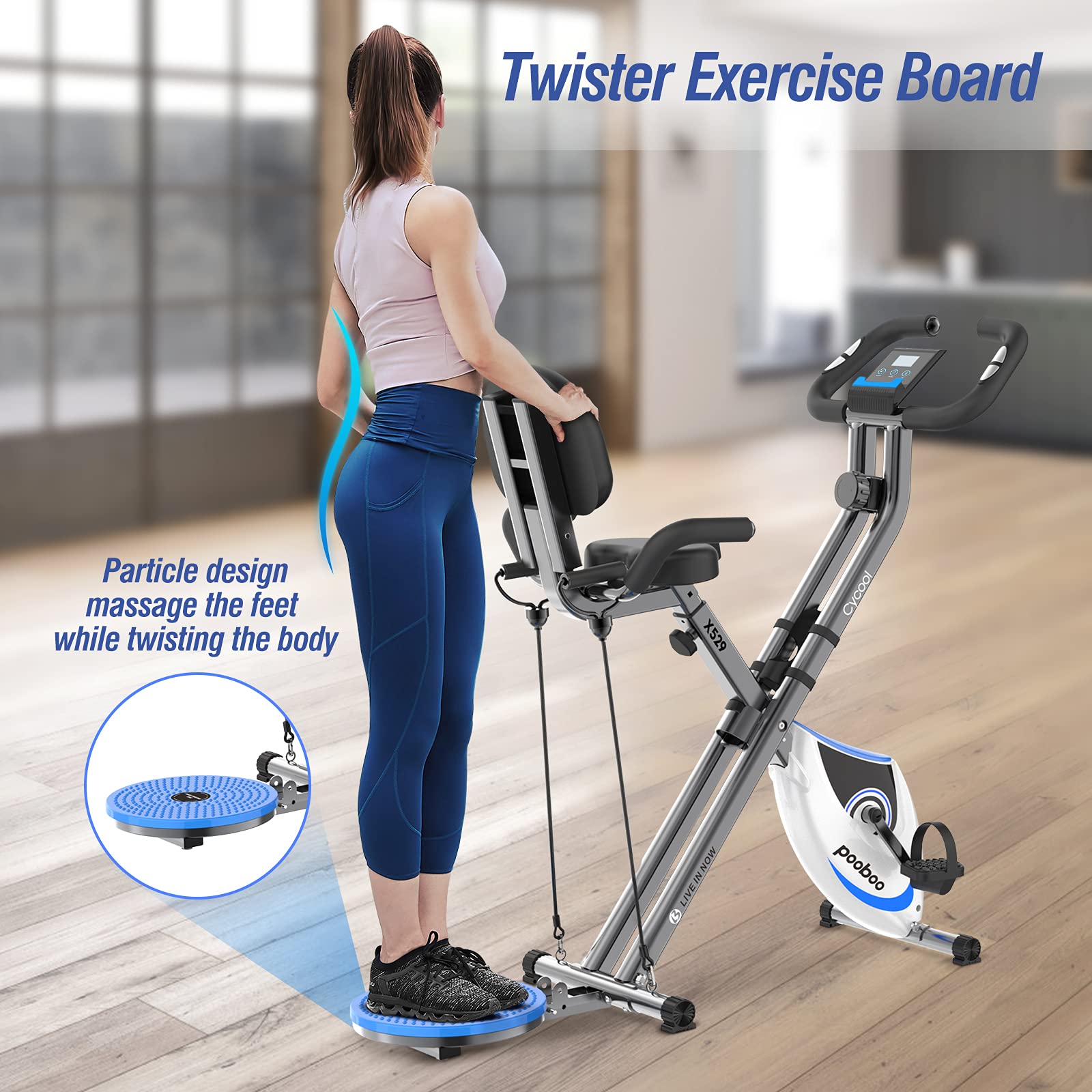 cycool Foldable Exercise Bike Magnetic Stationary Bikes Indoor Cardio Training Cycle with Comfortable Seat Cushion,Twister Plate and Arm Resistance Bands Workout Bicycle (grey)