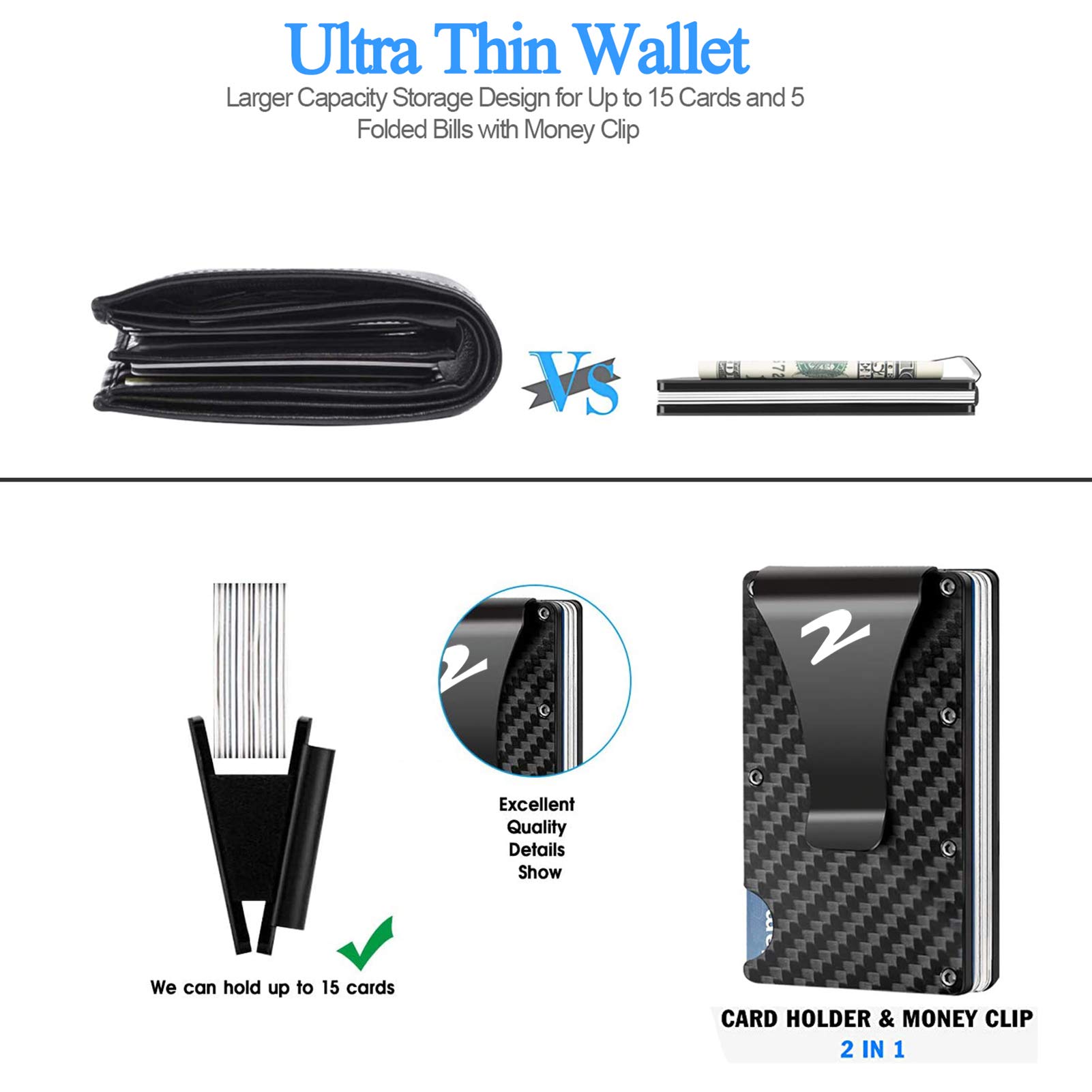 COONLINE Carbon Fiber Wallets for Men,RFID Blocking Card Holder Money Clip Mens Wallet