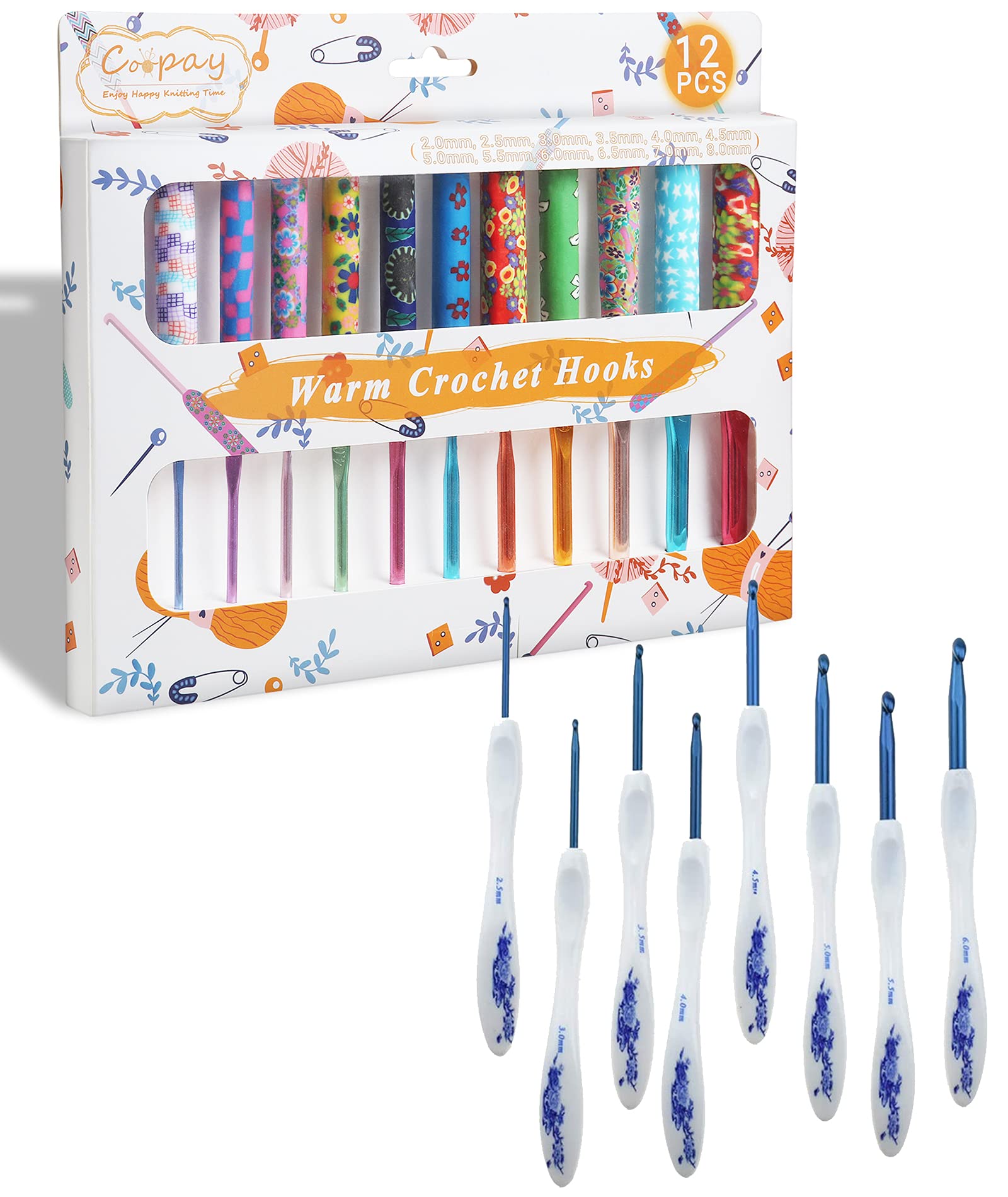 Coopay 12PCS Warm Crochet Hooks Plus & 8PCS Blue Porcelain Pattern Ergonomic Handle Crochet Needles, Crochet Kit Crochet Hook Set Ergonomic Soft Grip Crochet Needles Ideal Knitting Crochet Supplies