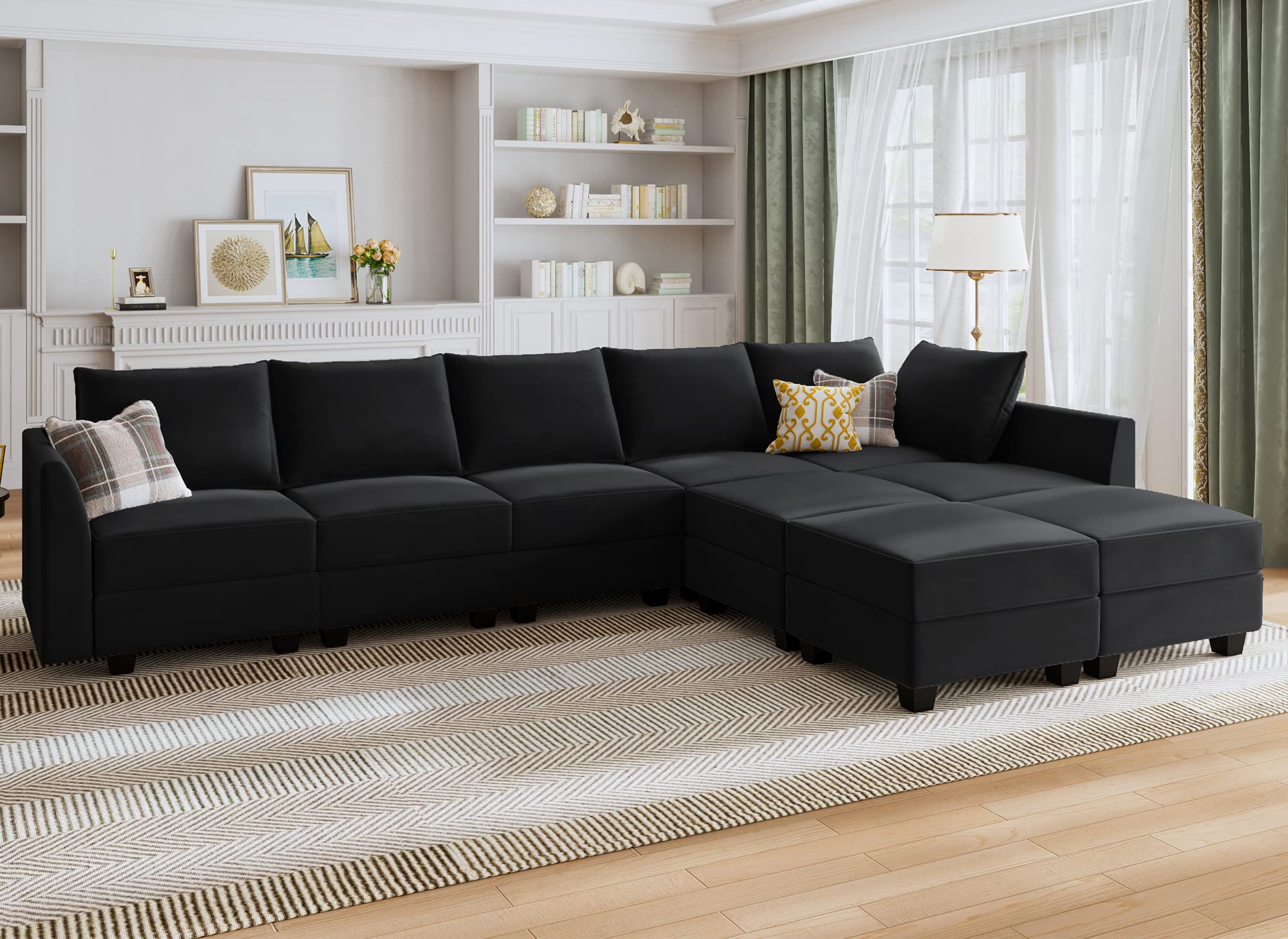 HONBAY Modular Sectional Sofa Set Oversized U Shaped Couch with Storage Ottoman Convertible Sleeper Sectional Sofa Velvet Modular Couch with Wide Chaise, Black