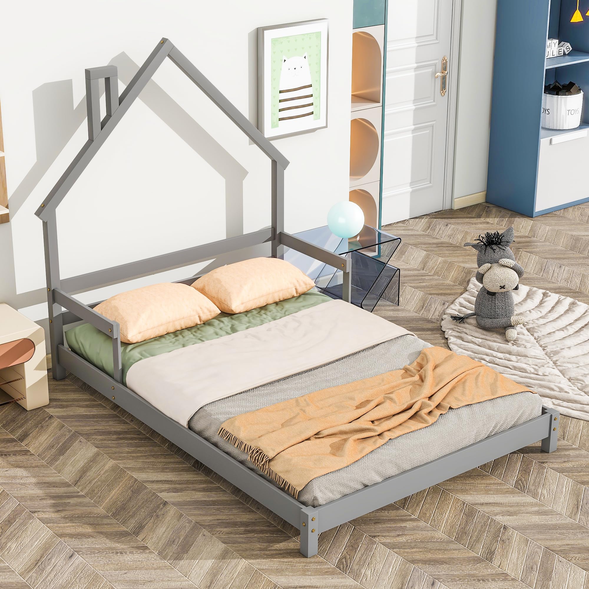 Floor Bed for Kids, Full Size Montessori Bed with House Shape Headboard, Wood House Bed with Slats for Boys Girls, Low Platform Bed, No Box Spring Needed, Gray