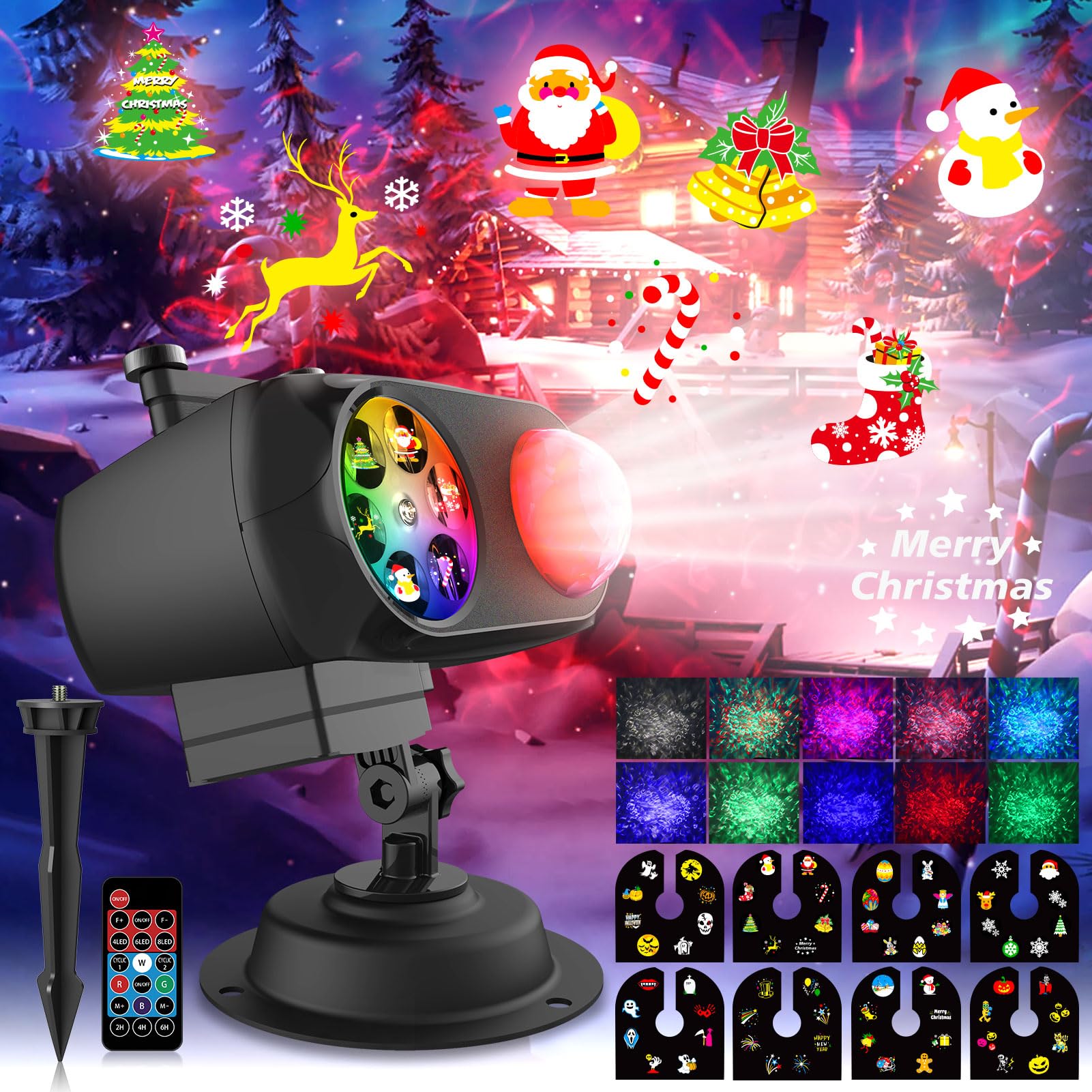 Christmas Projector Lights Outdoor 2-In-1 64 HD Effects Patterns & 3D Ocean Wave Snowflake Christmas Holiday Projector Light Waterproof IP65 with Remote Control Timer Home Garden Party Xmas Decor Gift