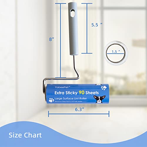 YabeePet Extreme Sticky Large Surface Lint Roller, Long Handle Pet Hair Remover, Designed for Removing Pet Dog Cat Hair 90 Sheets per Roll, 6.3 inch Width (1 Roller+2 Refills)