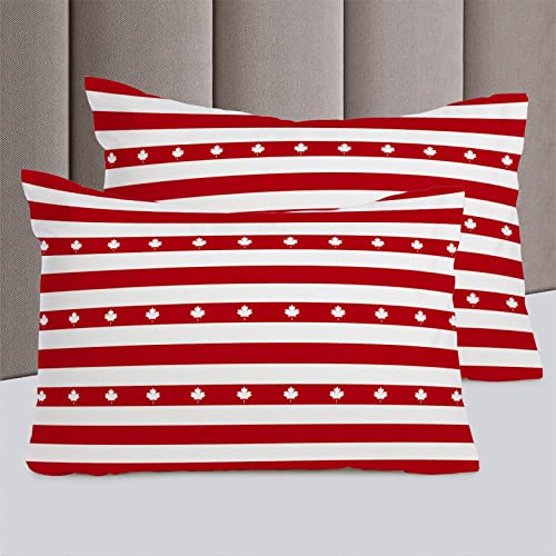 Queen Comforter Covers Sets Happy Canada Day 4 Piece Duvet Cover Set Lightweight Microfiber Soft Bedding Set for Adult Teen, Red Striped Maple Leaves