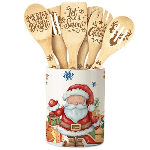 Christmas Utensil Holder Ceramic with 6 PCS Cooking Utensil, Christmas Women Gifts Santa Claus Cooking Utensil Crock Holder for Kitchen Counter Decorations Countertop Spatula Utensil Storage Organizer