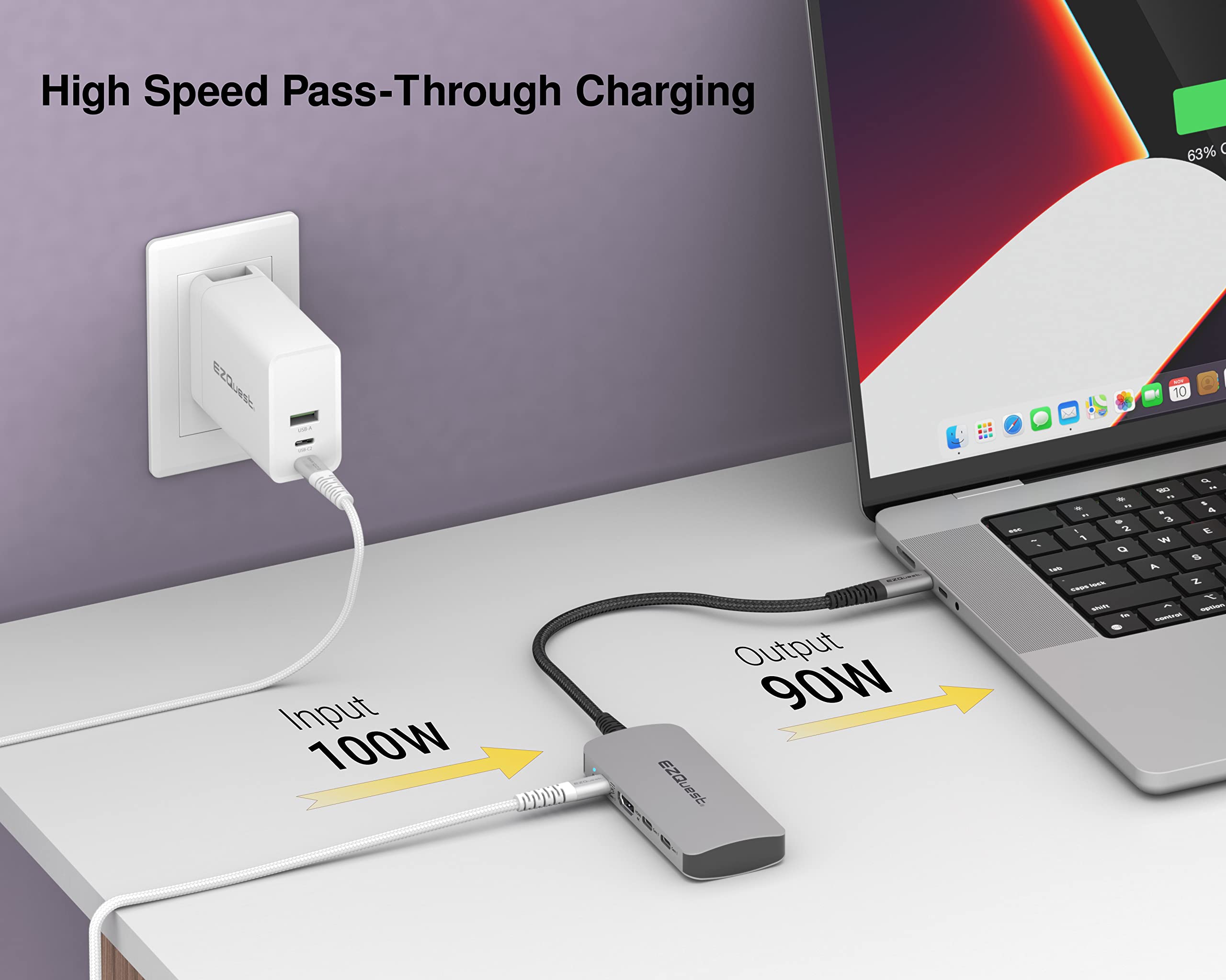 EZQuest USB C Multimedia Hub 8 in 1 with HDMI 4K, 100 Watts USB C Power Delivery/5Gbs Data, 2 USB C Ports, 2 USB A 3.0 Ports, SD/Micro SD Compatible with USB-C Laptops