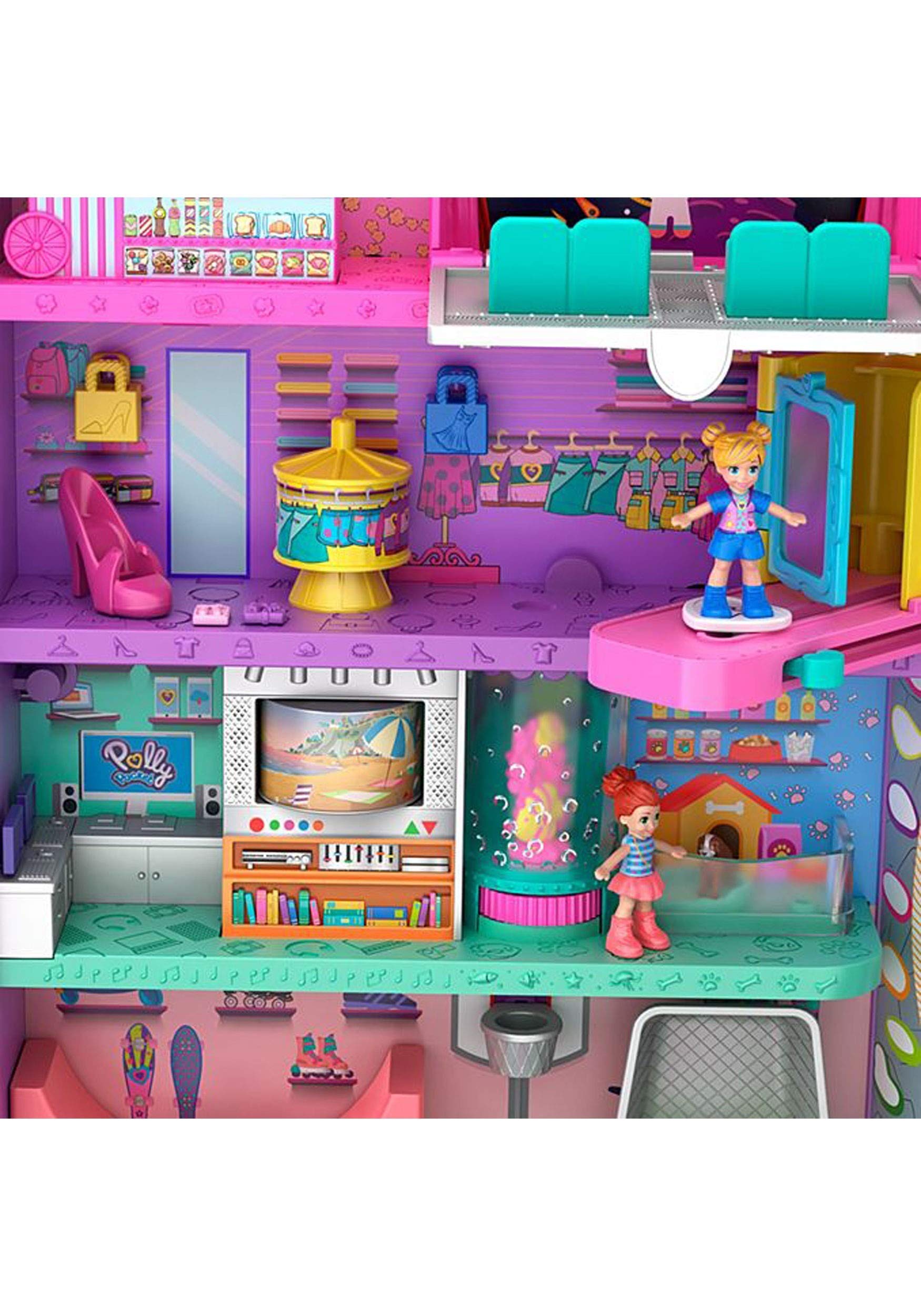 Polly Pocket Mega Mall with 6 Floors, Elevator, Vehicle, Parking Garage, Micro Polly & Lila Dolls, Dog & Storytelling Play Pieces; for Ages 4 and Up