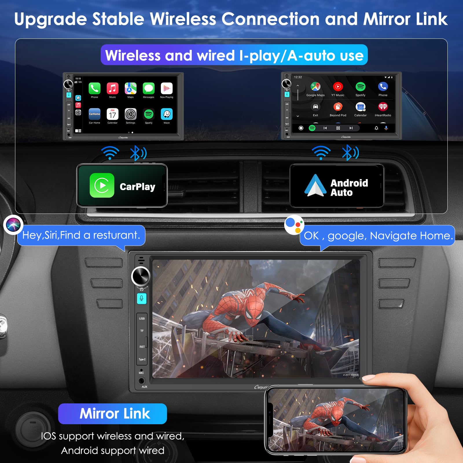 Carpuride S7 Double Din Car Stereo Compatible with Carplay,Android Auto- Car Stereo with back up camera,7 Inch HD Touch Screen, Mirror Link,Voice Control,SWC,Bluetooth,USB/SD Port,FM/Aux