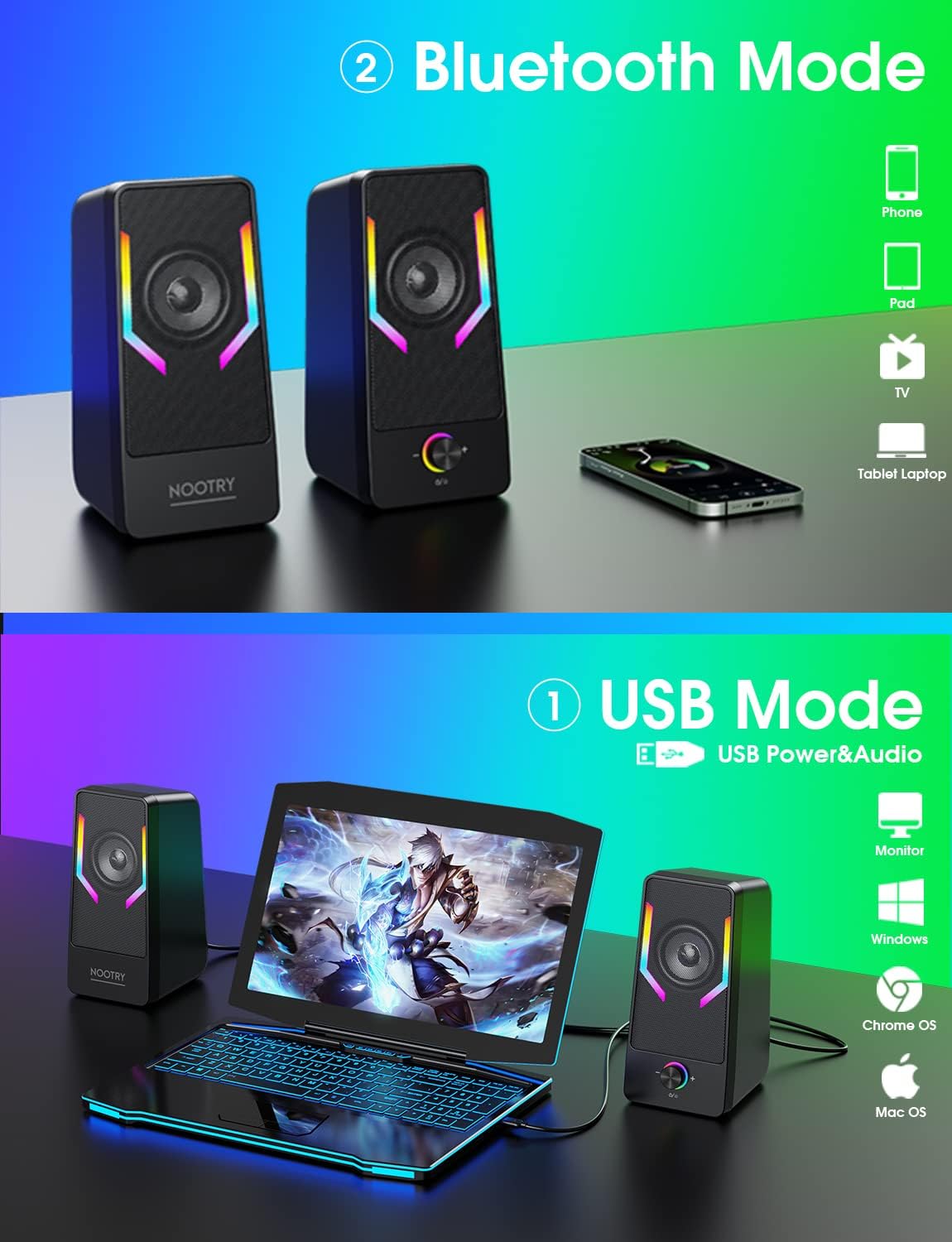 NOOTRY Computer Speakers, Gaming Desktop Speakers with 7Color Backlit, 10W USB Powered Volume Control Speakers, 2.0CH Stereo Laptop Speaker, Bluetooth&USB Audio for PC, Monitor, Mac, Tablet, Phone