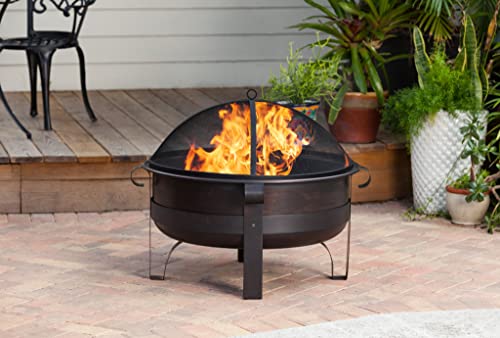 Fire Sense 62339 Fire Pit Cornell Wood Burning Unique Brushed Bronze Finish Lightweight Portable Outdoor Firepit Backyard Fireplace Included Multipurpose Screen Lifter Tool - 31"
