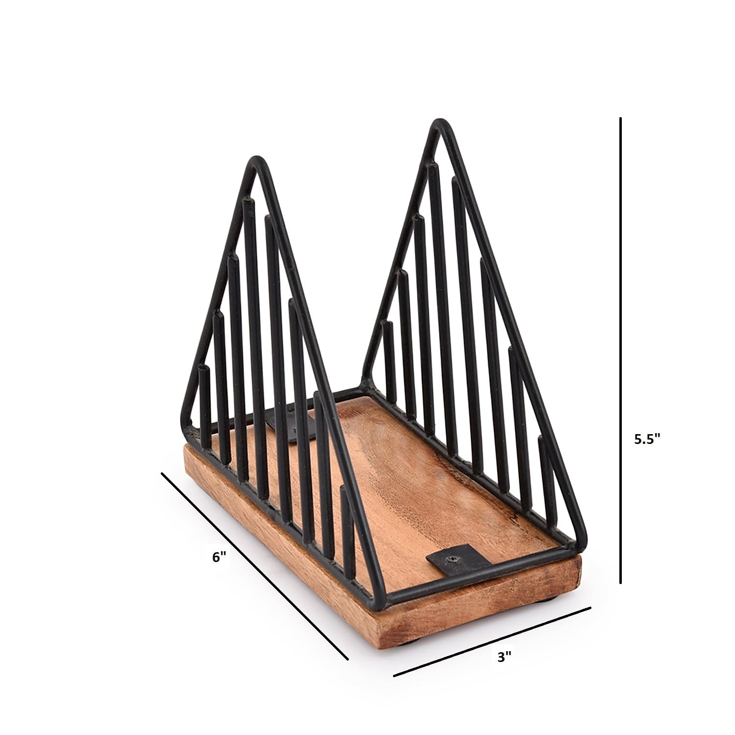 EDHAS Iron Triangle Design Black Napkin Holder with Mango Wood Base for Tables, Countertop, Kitchen & Dining Room Décor (6" x 3" x 5.5")