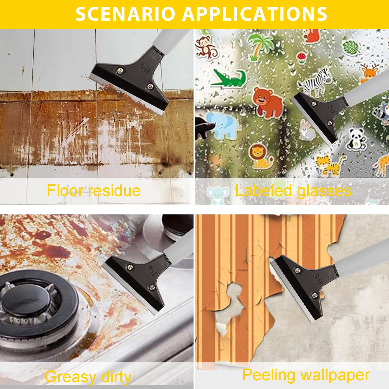 Floor Scraper Long Handle Heavy Duty, Floor Scraper Blades 4 inch scraper tool kitchen 31-61โ Thickened Steel Sharp Blades Free Extra 10PCS Metal Paint Scraper Ideal for Cleaning.(1, black)