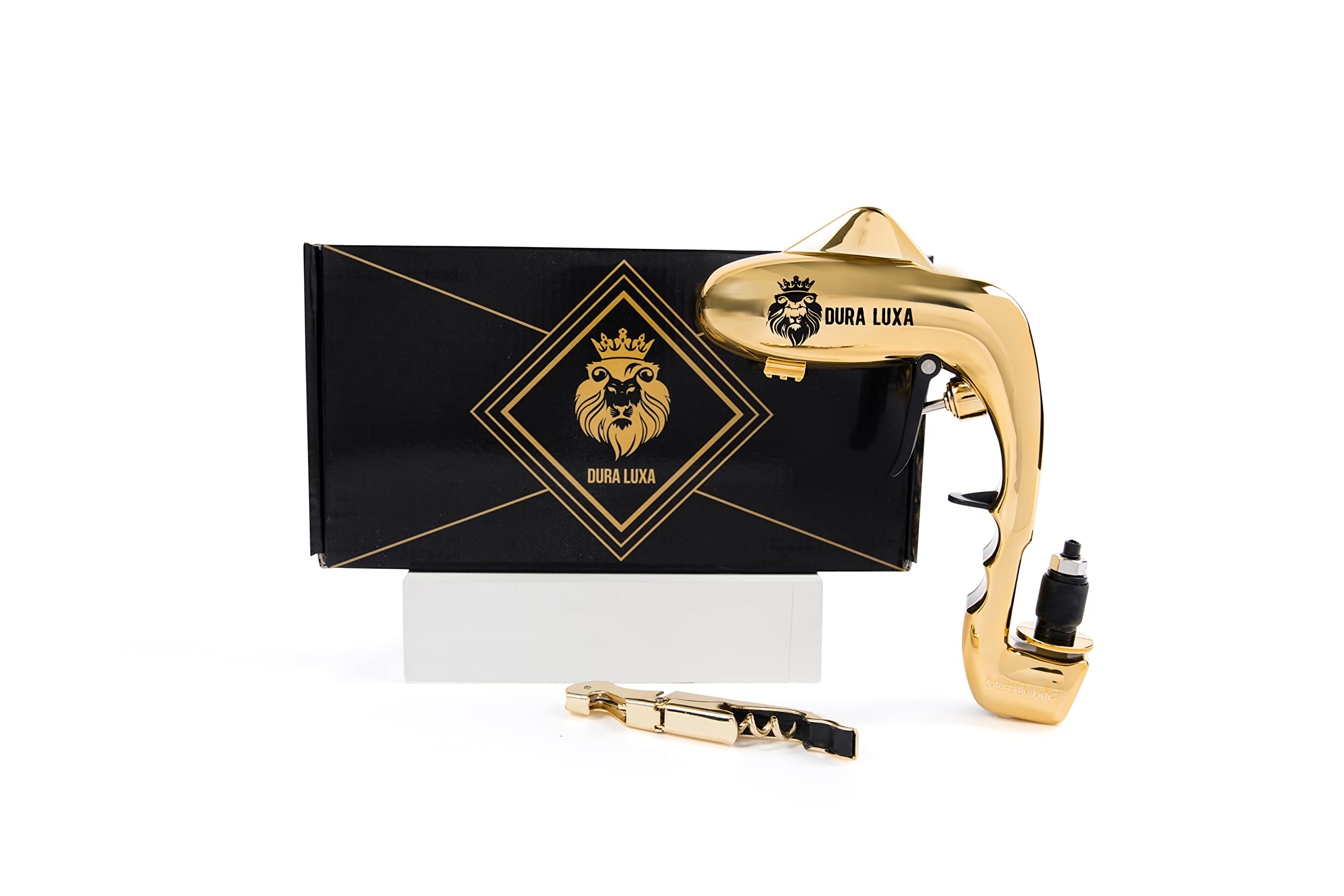 Dura Luxa Champagne Bubbly Wine Beer Alcohol and New Generation Adjustable Gold Gun Blaster Dispenser with Wine Stoppers Accessory - Bottle Opener Included