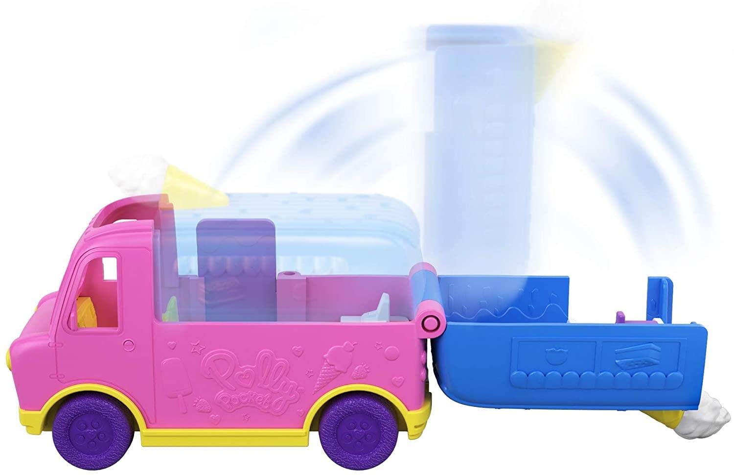 Polly Pocket Pollyville Transforming Ice Cream Truck with Ice Cream Flavor Display, Table, Chairs, Micro Polly Doll & Accessories