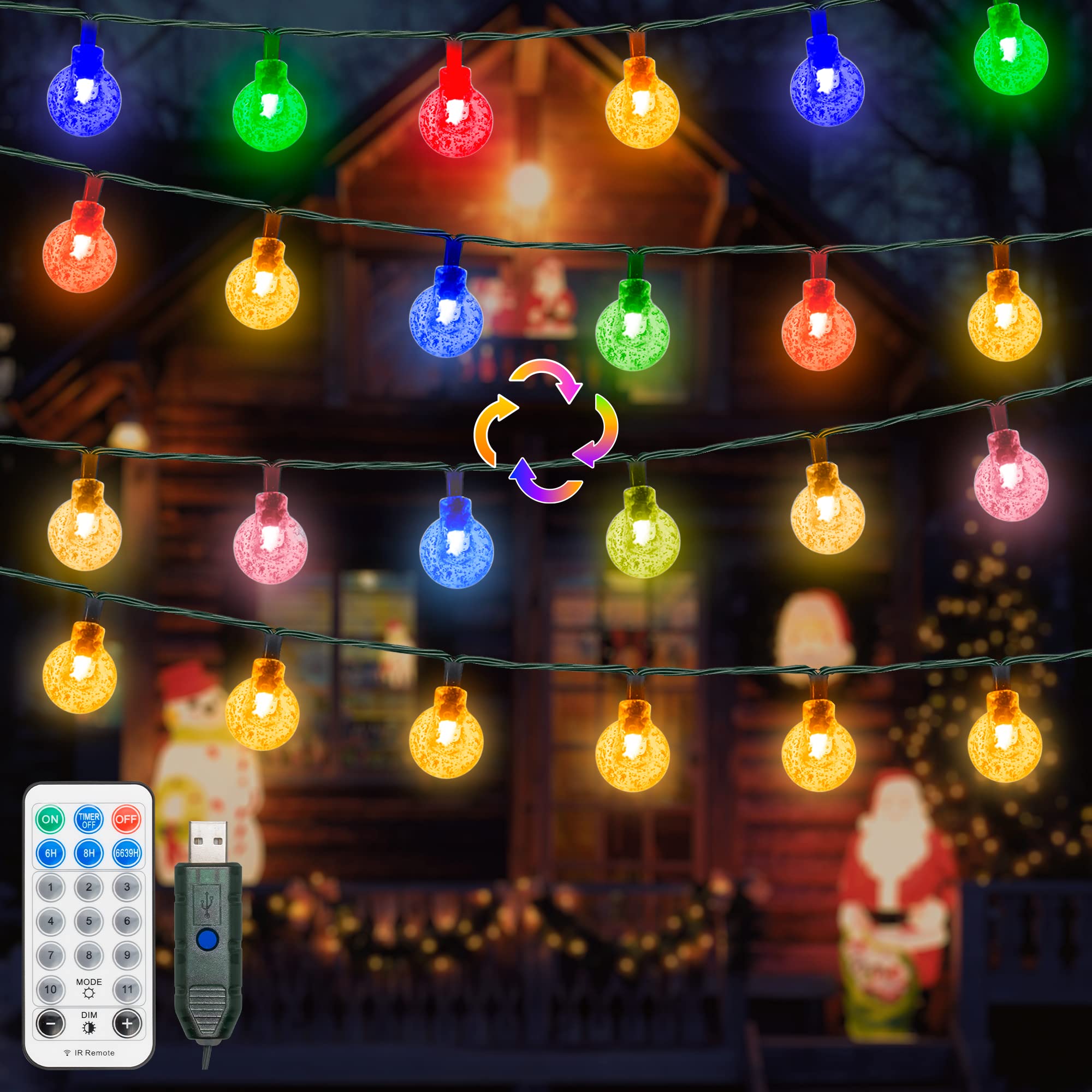 Ollimy Globe String Lights USB Powered, 40FT 80LED Waterproof Christmas Lights with Remote, Warm White+Multicolor Fairy Lights for Indoor Outdoor Christmas Home Party Patio Garden Wedding