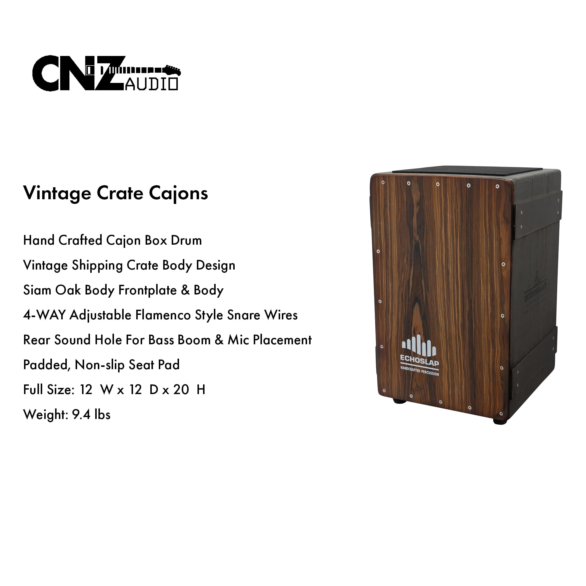 Echoslap Vintage Crate Cajon - Brazilian Rosewood, Hand Crafted, 4 Adjustable Snare Wires, Siam Oak Body, Plus Gig Bag