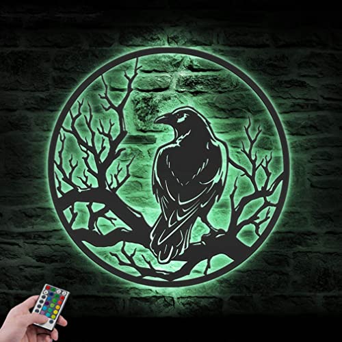 Raven Metal Wall Art with LED Light Crow Moon Sign Home Decor Black Horror Bird Decoration Man Cave Hanging Door Housewarming Halloween