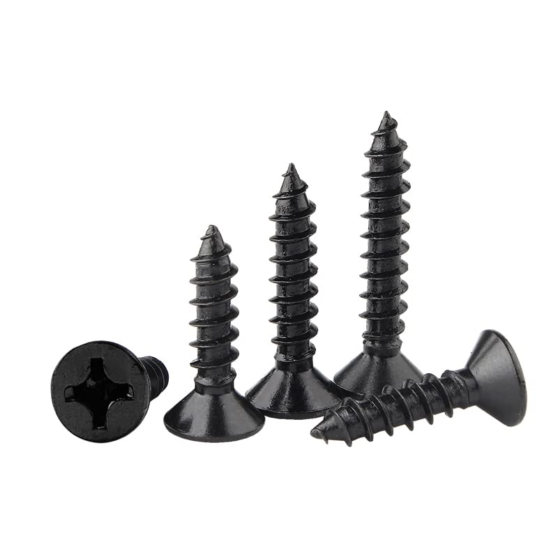 ECKJ M3.5 Flat Head Wood Screws Assortment Kit Phillips Drive Countersunk Head Self-Tapping Screws Short Small Carbon Steel Black Fasteners 124pcs 6 Sizes of Length 12/16/20/25/30/35mm