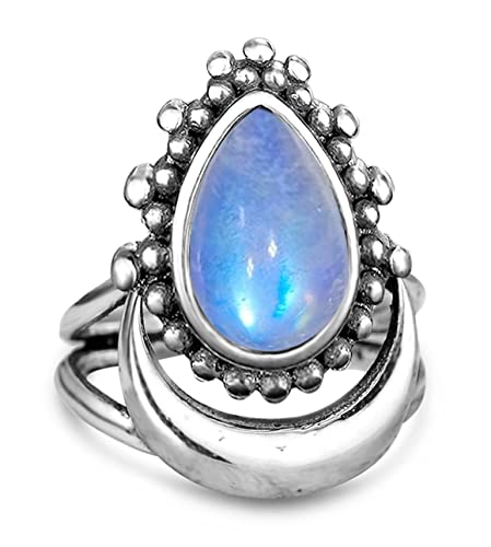 DALEGEM Natural Moonstone Crystal Stone Ring,S925 Sterling Silver Waterdrop Floodlit Quartz Gemstone Crescent Moon Boho Statement Ring Jewelry Gift for Women Girls Her (Ring_Moonstone, 10)