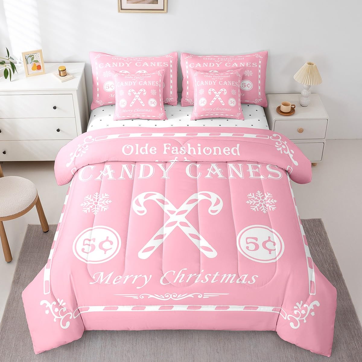 Feelyou Christmas Bedding Set 7 Pieces King Size Kids Christmas Quote Bedding Set Teens Candy Canes Print Comforter Set Xmas Pink White Bed in a Bag (Comforter, Sheets, Pillowcases & Cushion Covers)