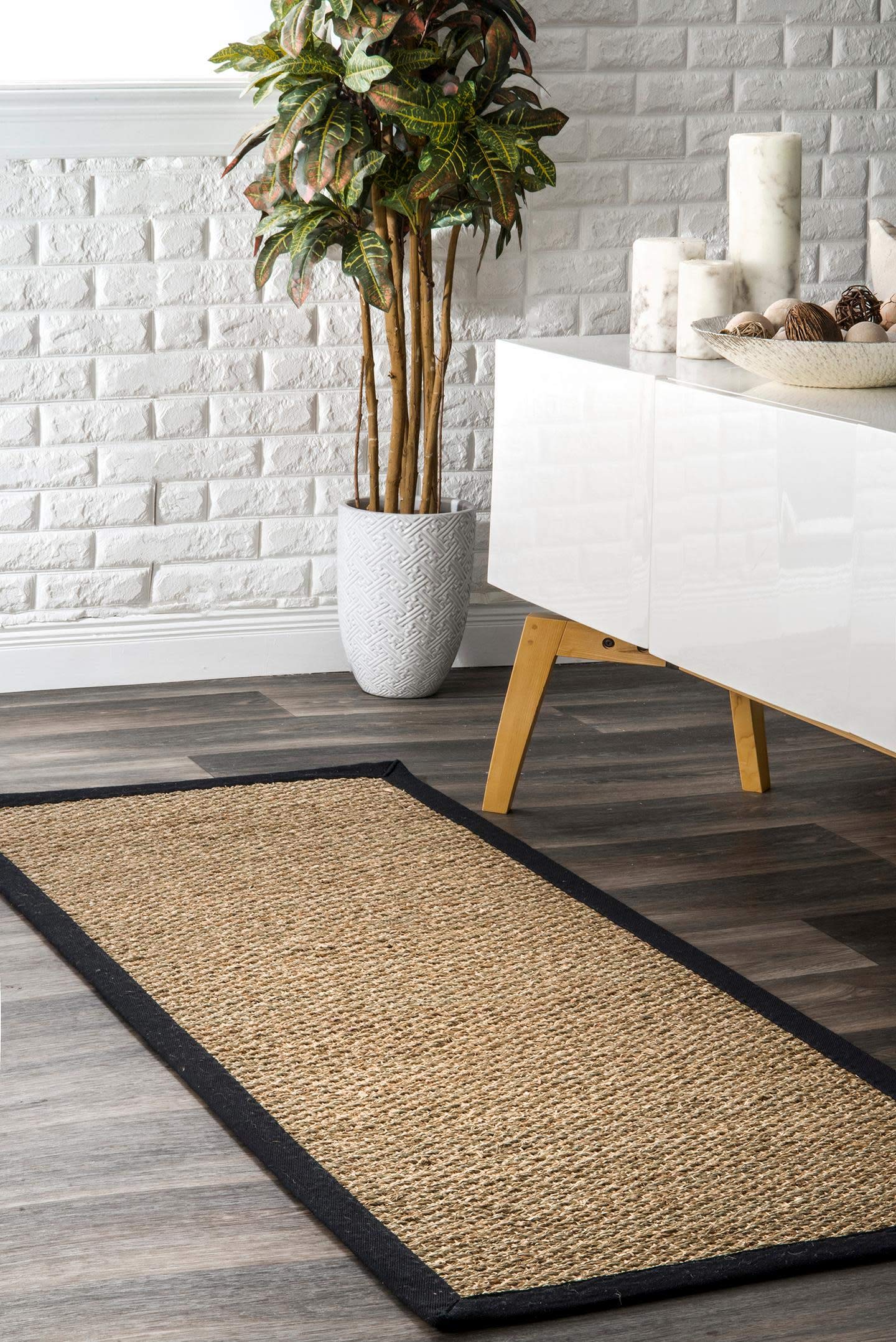 nuLOOM 8 Square Elijah Seagrass Area Rug, Black, Solid Farmhouse Style, Cotton Bordered, Basketweave, Natural Fiber, For Bedroom, Dining Room, Living Room, Hallway, Office, Kitchen, Entryway
