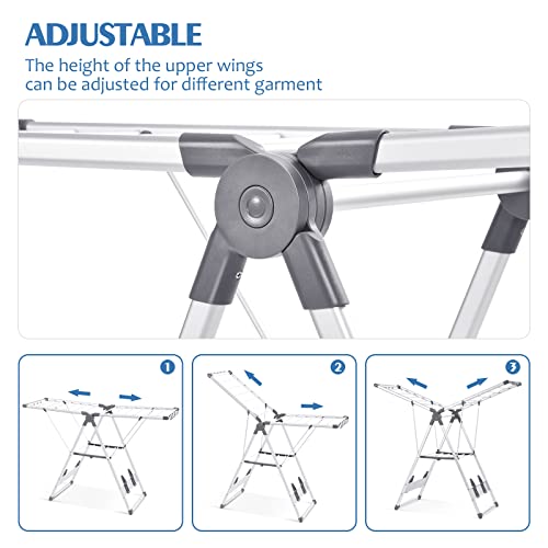 TOOLF Clothes Drying Rack, Aluminum Foldable 2-Level Drying Racks for Laundry, Large Foldable Laundry Stand with Height-Adjustable Gullwings, Sock Clips Hooks for Bed Linen, Clothing, Socks, Scarves