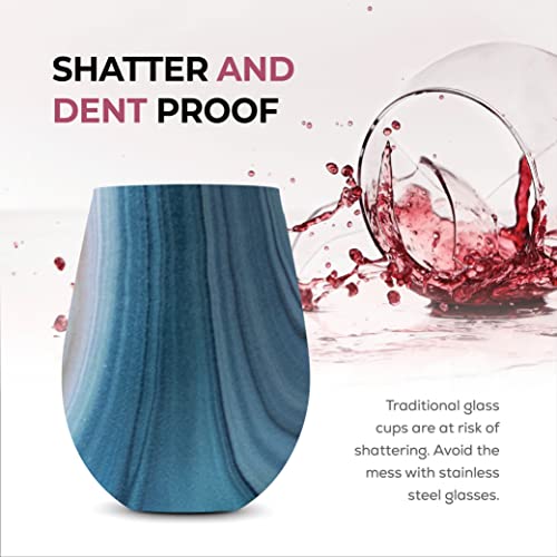 Stainless Steel Unbreakable Wine Glasses - 18 Ounce Set of 4 Wine glasses. Premium Grade 18/8 Stainless Steel Red & White Stemless Wine Glasses set, (Exquisite Blue Marble)