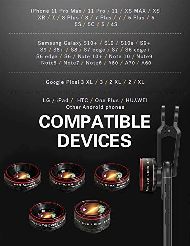 Phone Camera Lens Kit 10 in 1 for iPhone Samsung Pixel Android, 22X Telephoto Lens, 0.62X Super Wide Angle Lens&25X Macro Lens, 235° Fisheye,Kaleidoscopes, Starlight,Tripod,for Most Smartphone