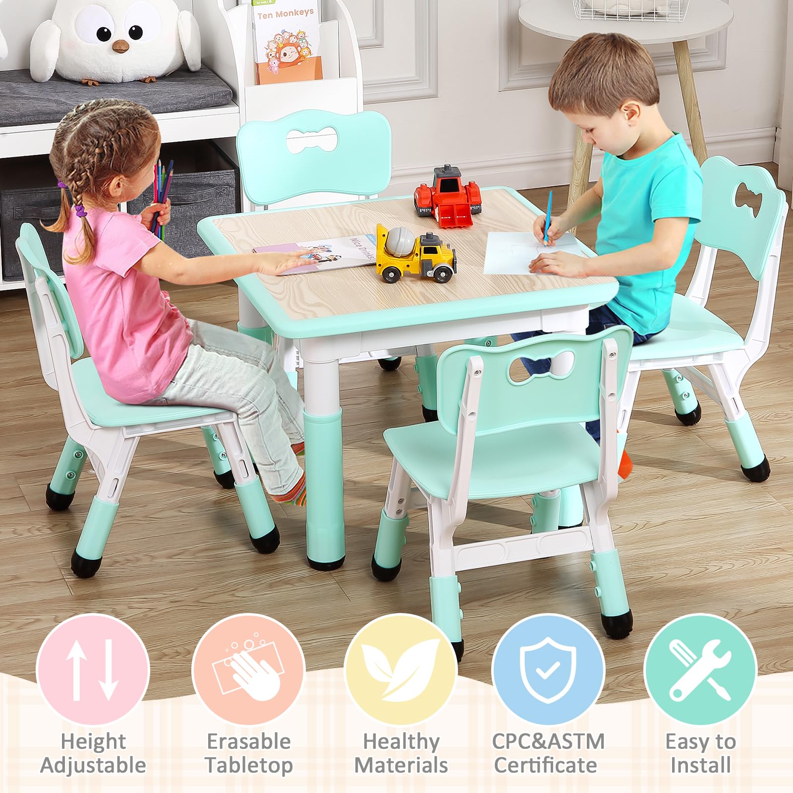 Kids Table and Chairs Set, Height Adjustable Desk with 4 Seats for Ages 2-10,Arts & Crafts Table,Graffiti Desktop, Non-Slip Legs, Max 300lbs, Children Multi-Activity Table for Classrooms,Daycares,Home