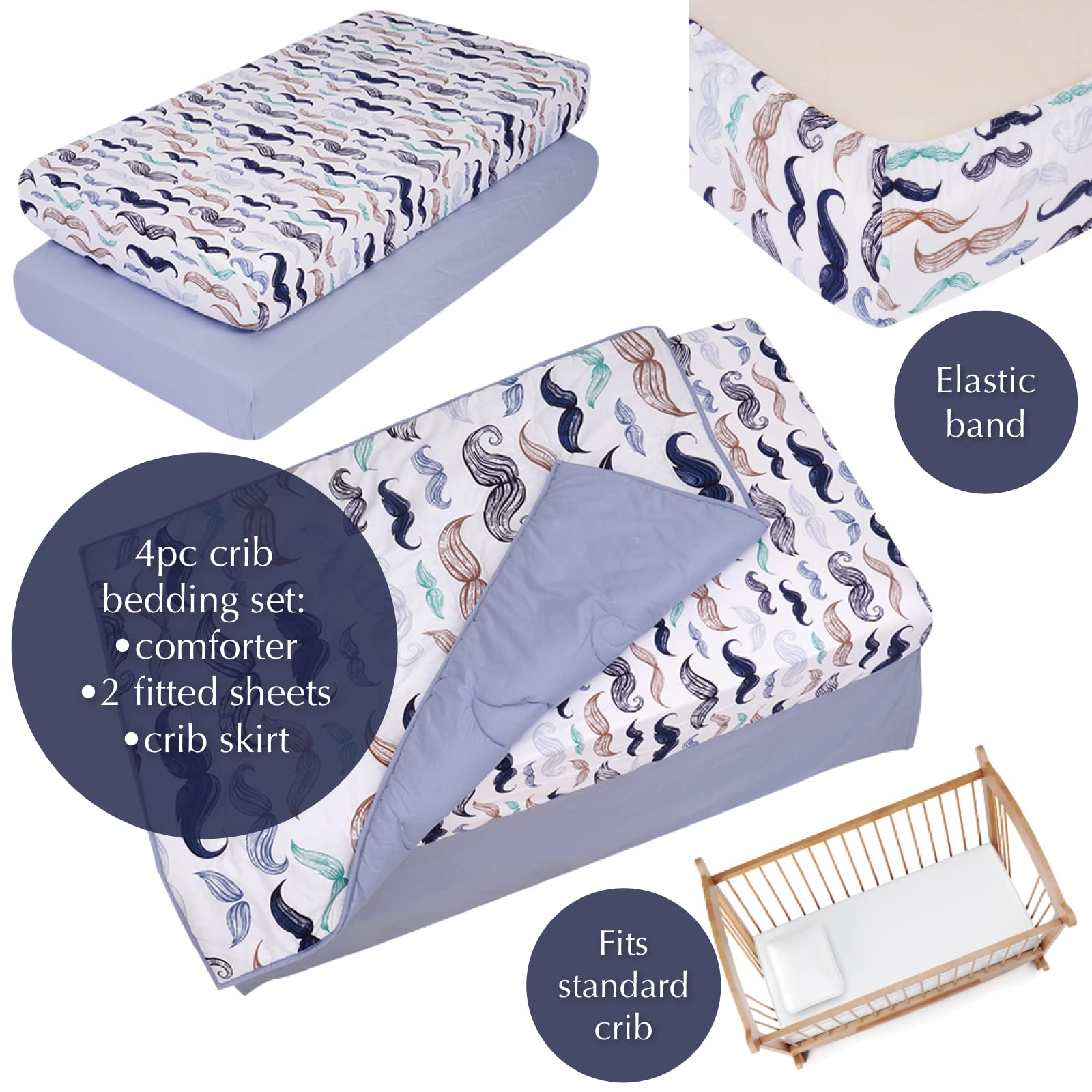 Noisy Mouse - Boho Little Man Mustache, Premium, 100% Organic Cotton 4-Piece Baby Boy Nursery Bedding Crib Set | Baby Comforter | 2 X Fitted Crib Sheets | Crib Skirt (White, Teal, Black, Brown, Blue)