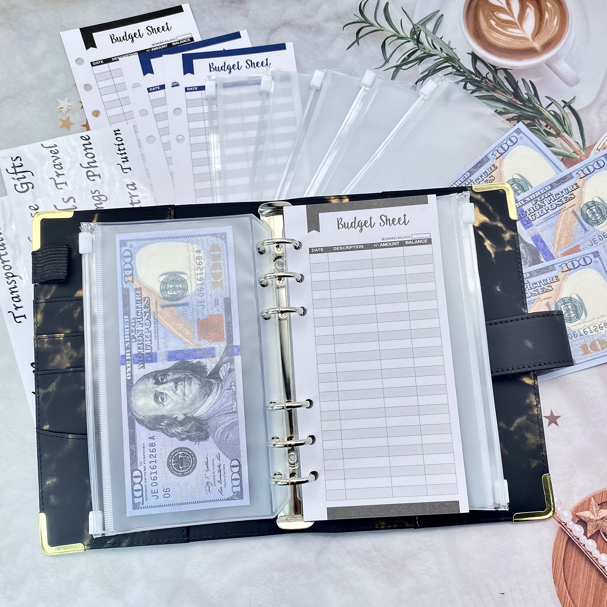 DOMUUH Budget Binder with Zipper Envelopes & Expense Budget Sheets, Money Binder with Cash Envelopes for Budgeting and Saving Money, Money Organizer for Cash (Marble Black)