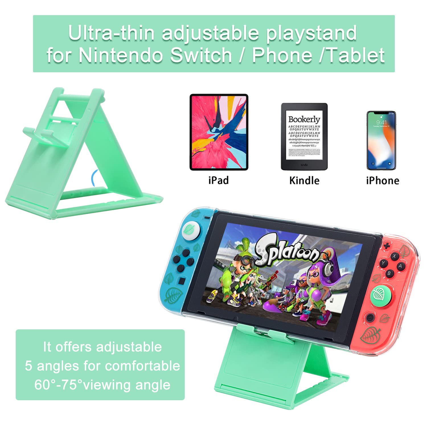 Carry Case for Nintendo Switch，With Animal Crossing Green Leaf Protective Storage Bag with Docking Clear Cover Crystal Shell & Screen Protector & Thumb Grips
