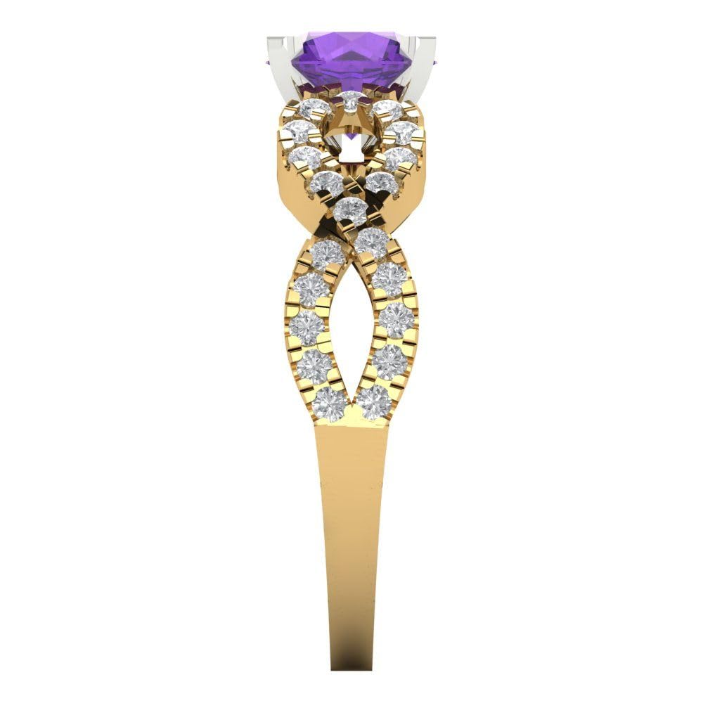 Clara Pucci 1.32ct Round Cut Solitaire Natural Purple Amethyst gemstone designer Modern Statement with accent Ring Solid 14k 2 tone Gold