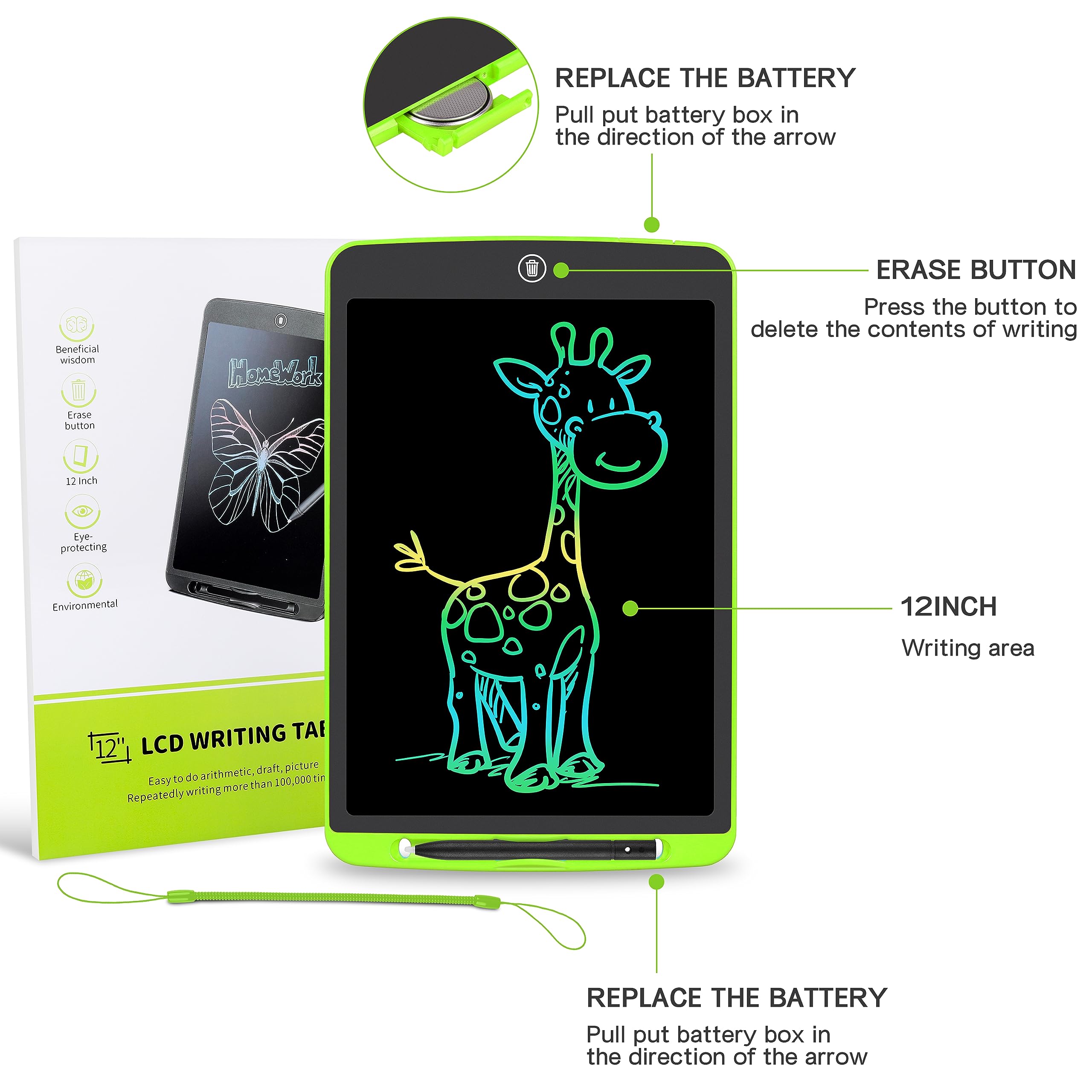 STREET WALK LCD Writing Tablet for Kids,12 Inch Colorful Educational Drawing Tablet, Erasable Reusable Electronic Writing Board, Toddler Doodle Board, Learning Toy Gift for Boys Girls Ages 3-8(Green)