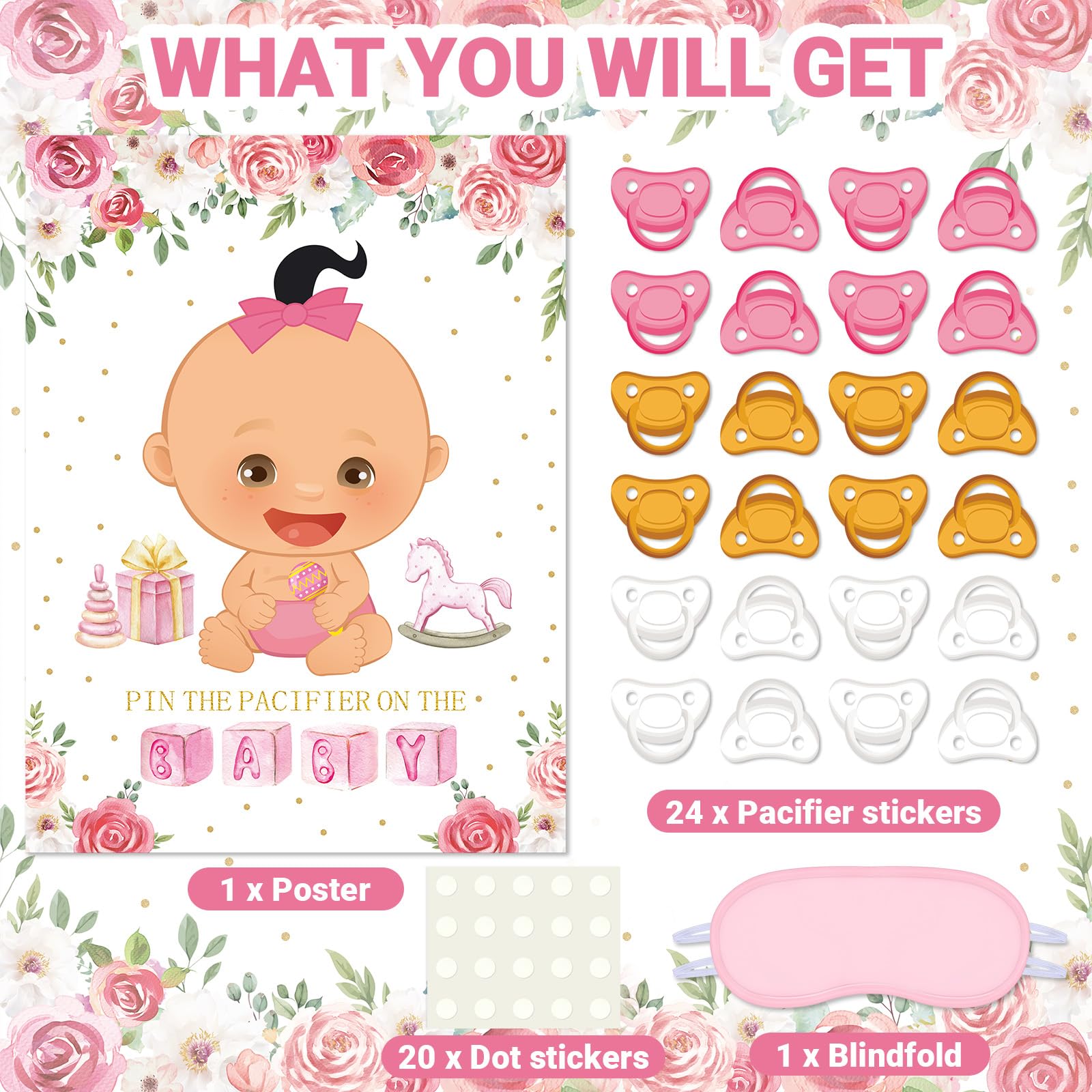 Faccito Pin The Pacifier Baby Shower Games Baby Shower Decoration Include Baby Poster 24 Pacifier Stickers Blindfold Floral Pin Pacifier on Baby Game for Baby Shower Birthday Party Supplies(Pink)