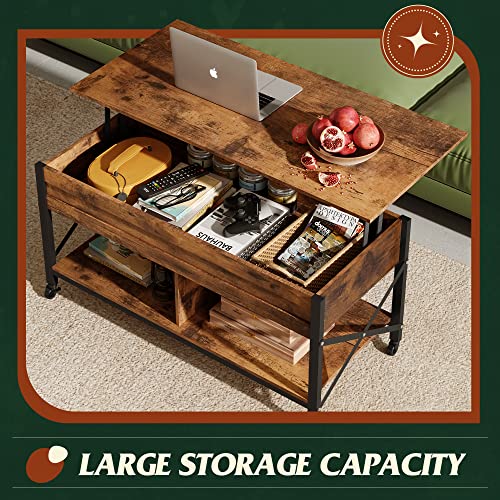 WLIVE Lift Top Coffee Table for Living Room,Coffee Table with Storage,Hidden Compartment and Metal Frame, Central Table with 4 Casters for Reception Room,Rustic Brown.