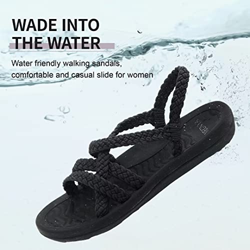 MEGNYA Comfort Braid Strap Sandals for women, Athletic Sport slides with Adjustable Waterproof Ropes, Open Toe Hiking Sandals with Cushion Foam Rubber Soles Black Size 6