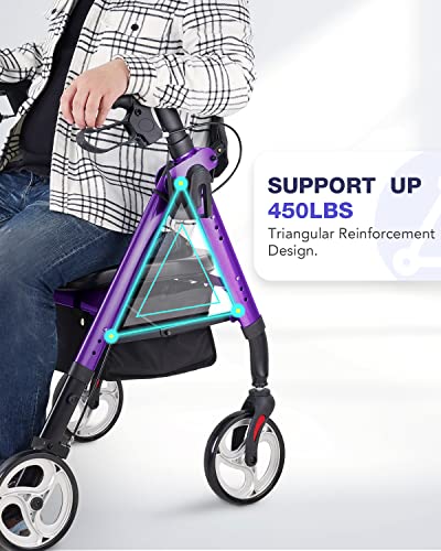 Quicwell Heavy Duty Rollator Walker with Large Paded Seat, Bariatric Rolling Walker with Wide Comfort Backrest for Seniors and Adults, Adjustable Seat, Large 8" Wheels, Support Up 450 lbs, Purple