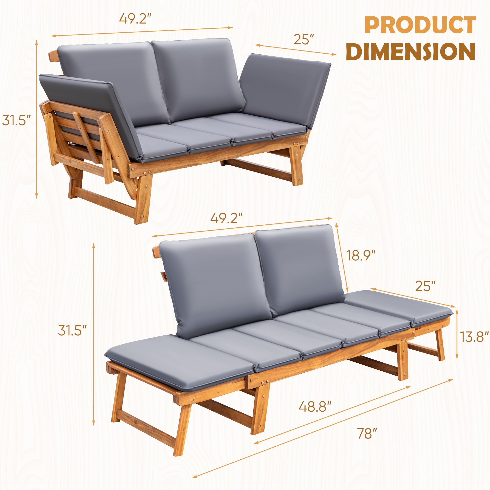 Greesum Patio Convertible Couch Sofa Bed with Adjustable Armrest, Acacia Wood Outdoor Daybed with Cushion & Pillow, Folding Chaise Lounge Bench for Porch Courtyard Poolside,Gray