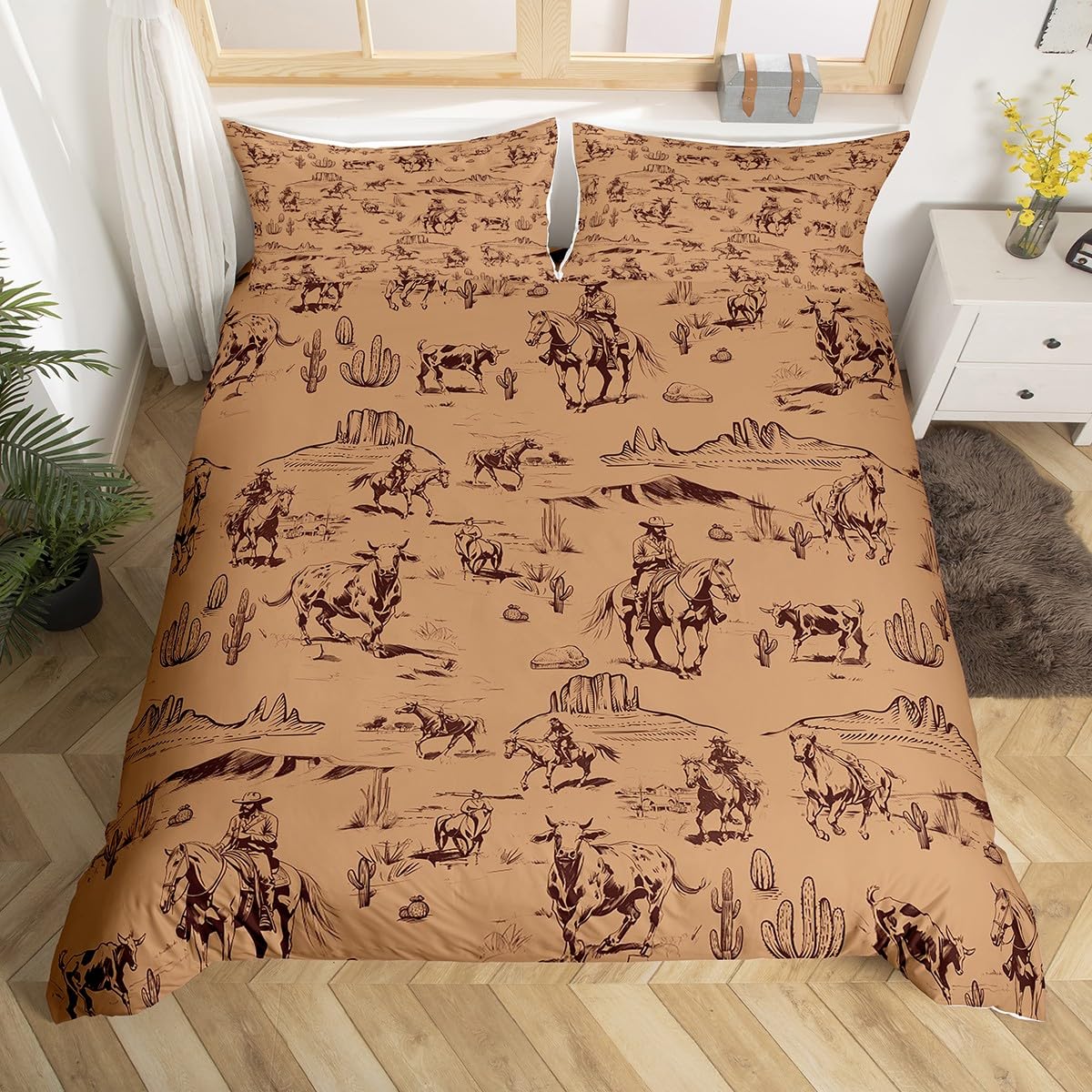 Kids Wild West Cowboy Bedding Set Full Size Western Decor Duvet Cover for Boys Girls Teens Bedroom Decor Rodeo Cowboy Style Comforter Cover Set Brown Bedspread Cover with 2 Pillow Case