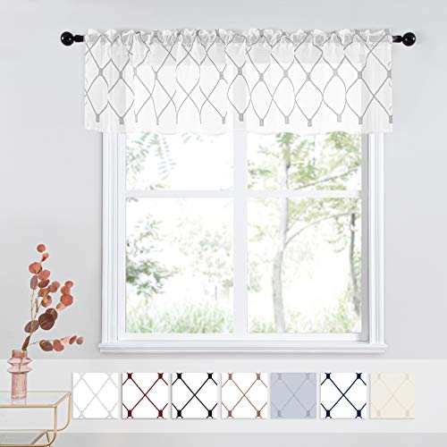 Top Finel White Kitchen Sheer Curtains Valances 18 Inch Length Embroidered Rod Pocket Small Window Curtains for Basement Bathroom, Set of 2