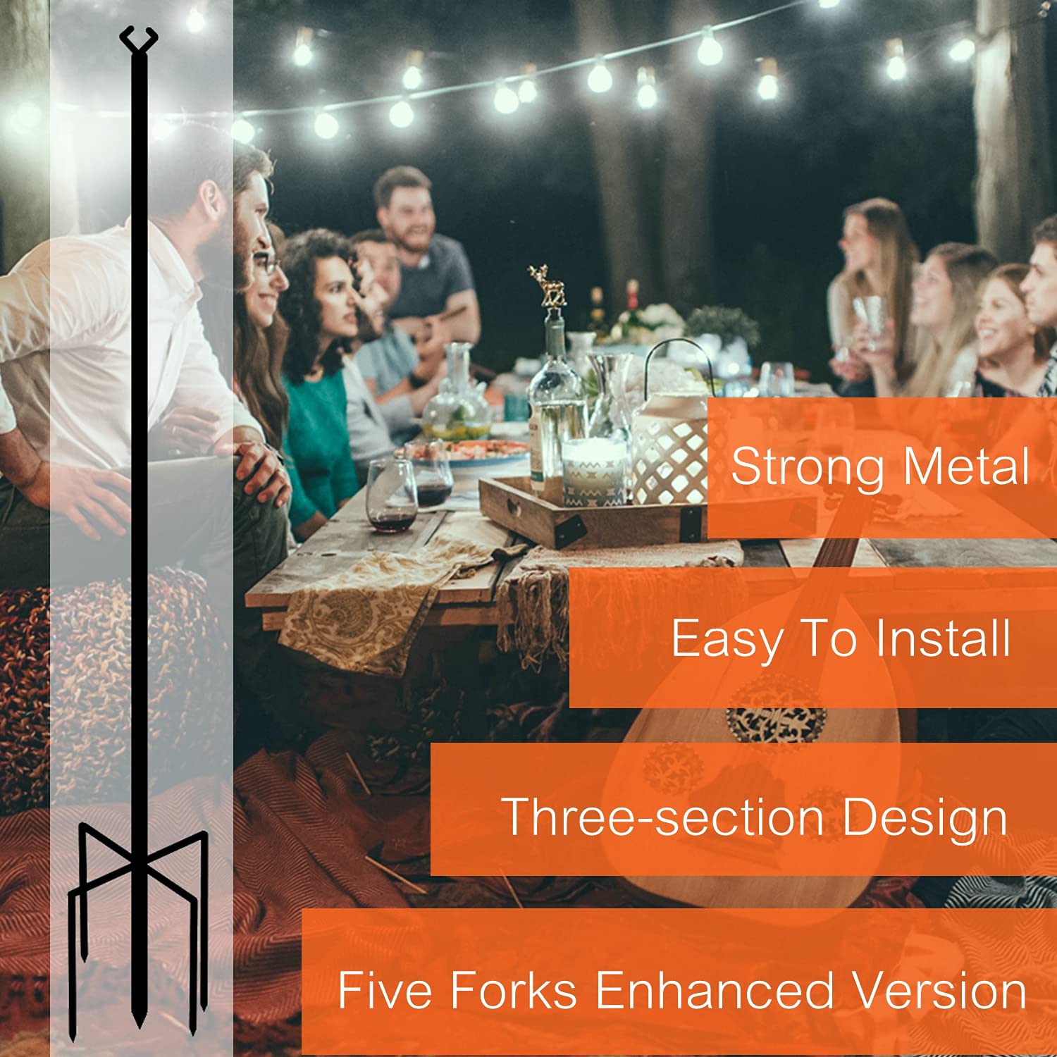 String Light Poles Outdoor with 5 Prong Fork Holiday Steel Light Pole Patio Lights Pole Garden Backyard Birthday for Parties Cafe Patio Wedding Party Terrace Decoration (Steel Pole - 1 Pack)