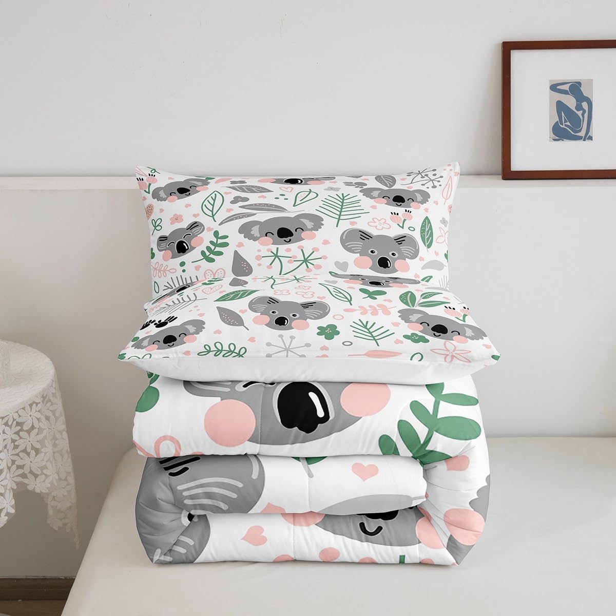 Feelyou Koala Comforter Set Queen Size, Cartoon Koala Comforter Set Cute Koala Comforter for Kids Toddler Botanical Plant Duvet Set Lightweight Quilt Set