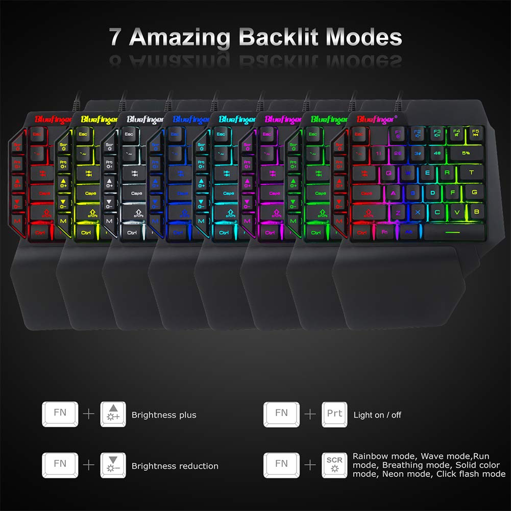 One Hand RGB Gaming Keyboard and Backlit Mouse and Gaming Headset with Microphone,USB Wired Rainbow Single Hand Mechanical Feeling Keyboard with Wrist Rest Support, Gaming Keyboard Set for Game